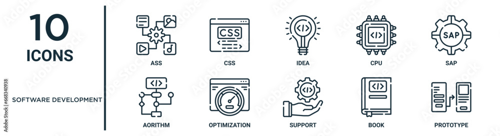 Software Development Outline Icon Set Such As Thin Line Ass Idea Sap Optimization Book