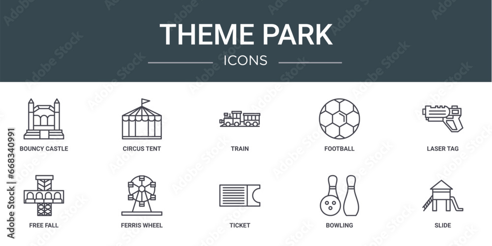 Vetor de set of 10 outline web theme park icons such as bouncy castle ...