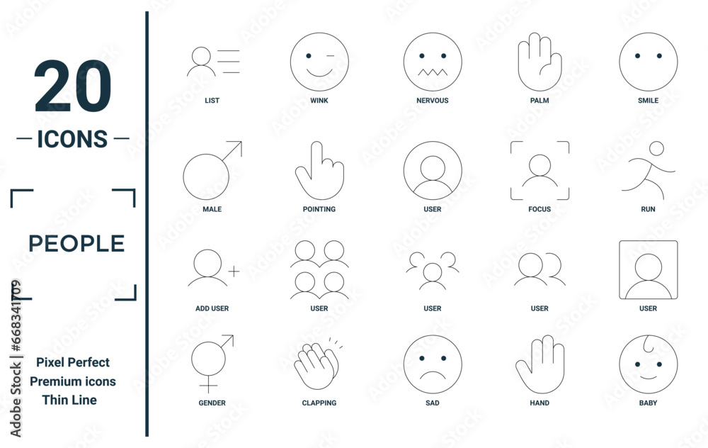people linear icon set. includes thin line list, male, add user, gender ...