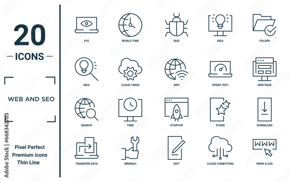web and seo linear icon set. includes thin line eye, idea, search, transfer data, www click ...