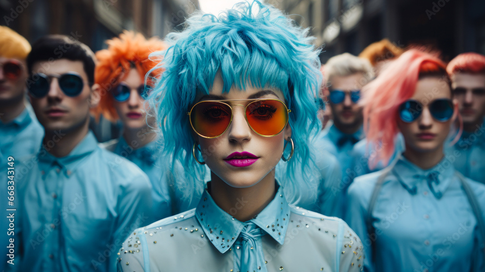 Colorful portrait of modern hipsters and punk group with blue ...