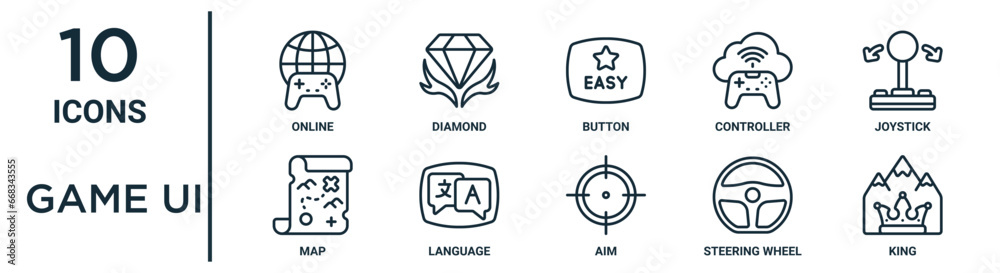 game ui outline icon set such as thin line online, button, joystick, language, steering wheel ...