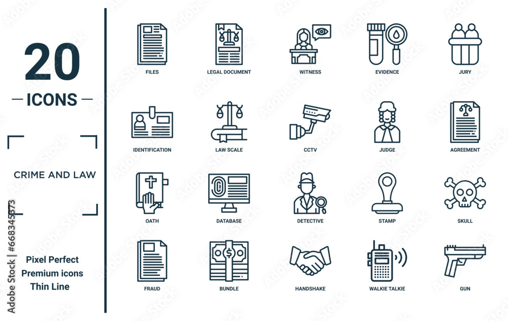 crime and law linear icon set. includes thin line files, identification ...