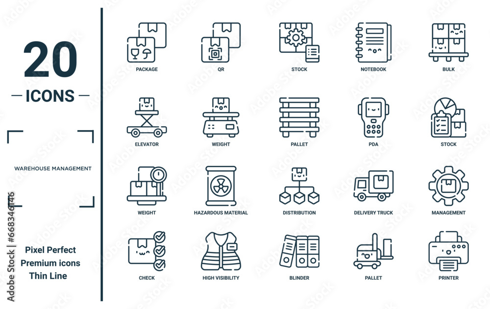 warehouse management linear icon set. includes thin line package ...
