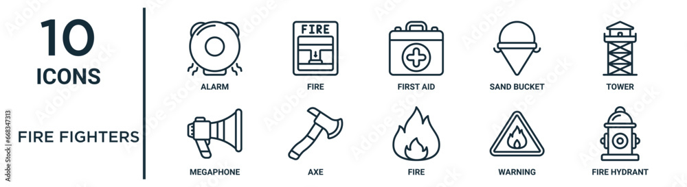 fire fighters outline icon set such as thin line alarm, first aid ...