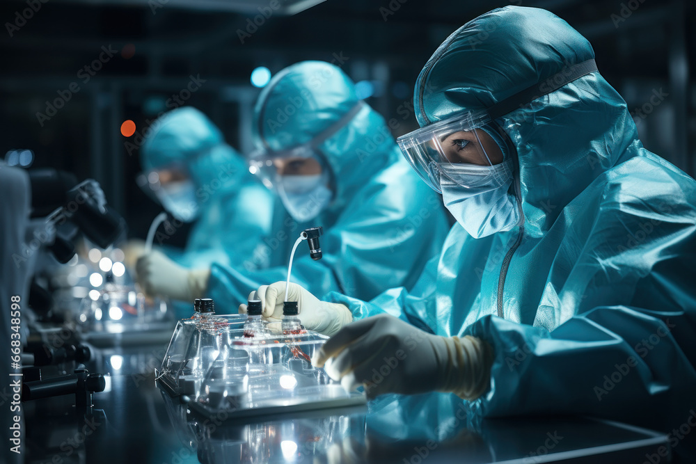 Biotechnicians conducting experiments in a sterile cleanroom to ensure ...