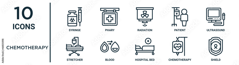 chemotherapy outline icon set such as thin line syringe, radiation ...