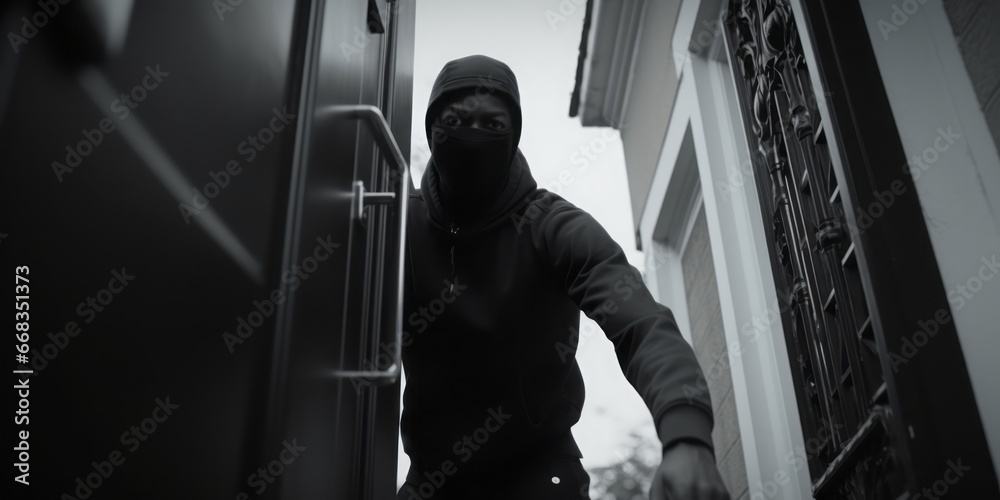 Masked Thief Stands Before the Door of a Modern House, Lockpicking with ...