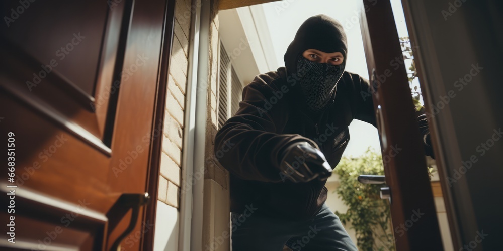 Masked Thief Stands Before the Door of a Modern House, Lockpicking with ...