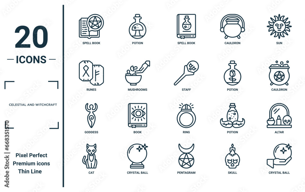 celestial and witchcraft linear icon set. includes thin line spell book ...