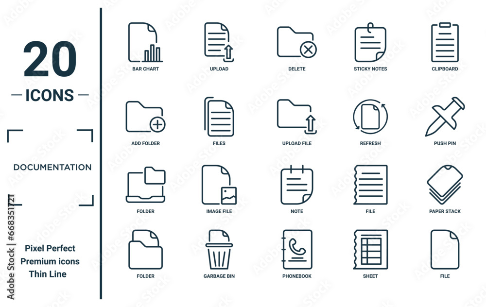 Vetor do Stock: documentation linear icon set. includes thin line bar chart, add folder, folder ...
