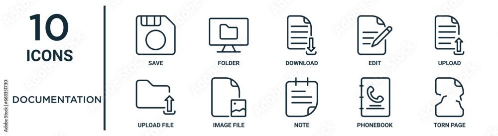documentation outline icon set such as thin line save, download, upload, image file, phonebook ...