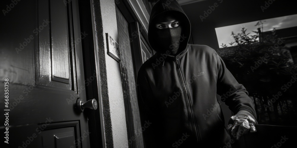 Masked Thief Stands Before the Door of a Modern House, Lockpicking with ...