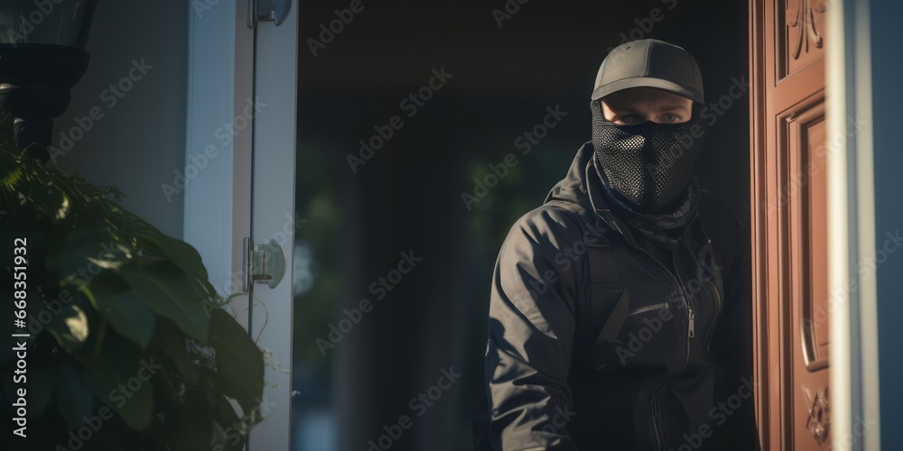 Masked Thief Stands Before the Door of a Modern House, Lockpicking with ...