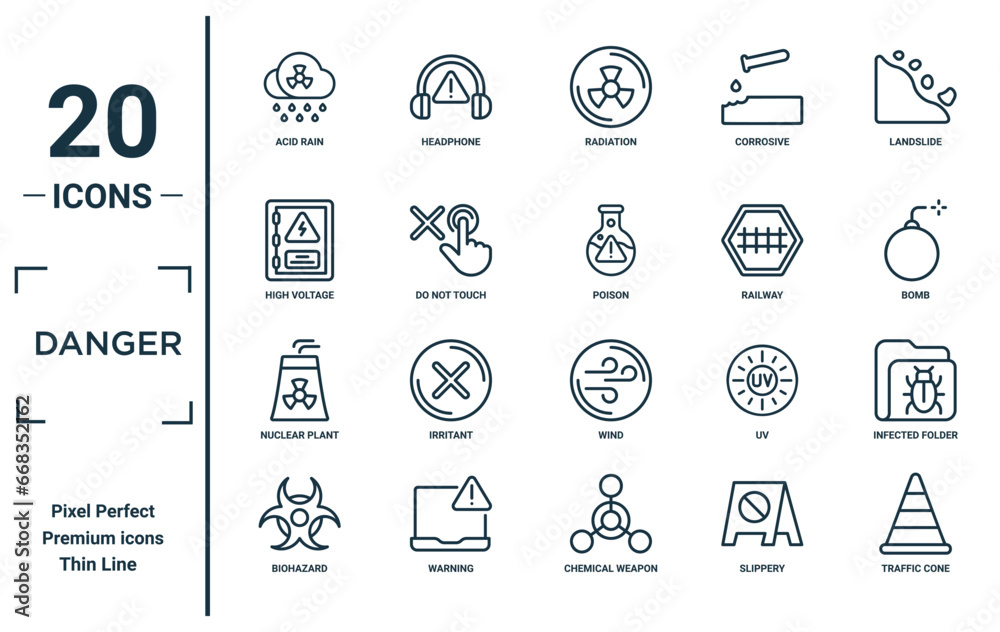 danger linear icon set. includes thin line acid rain, high voltage ... danger linear icon set. includes thin line acid rain, high voltage ...