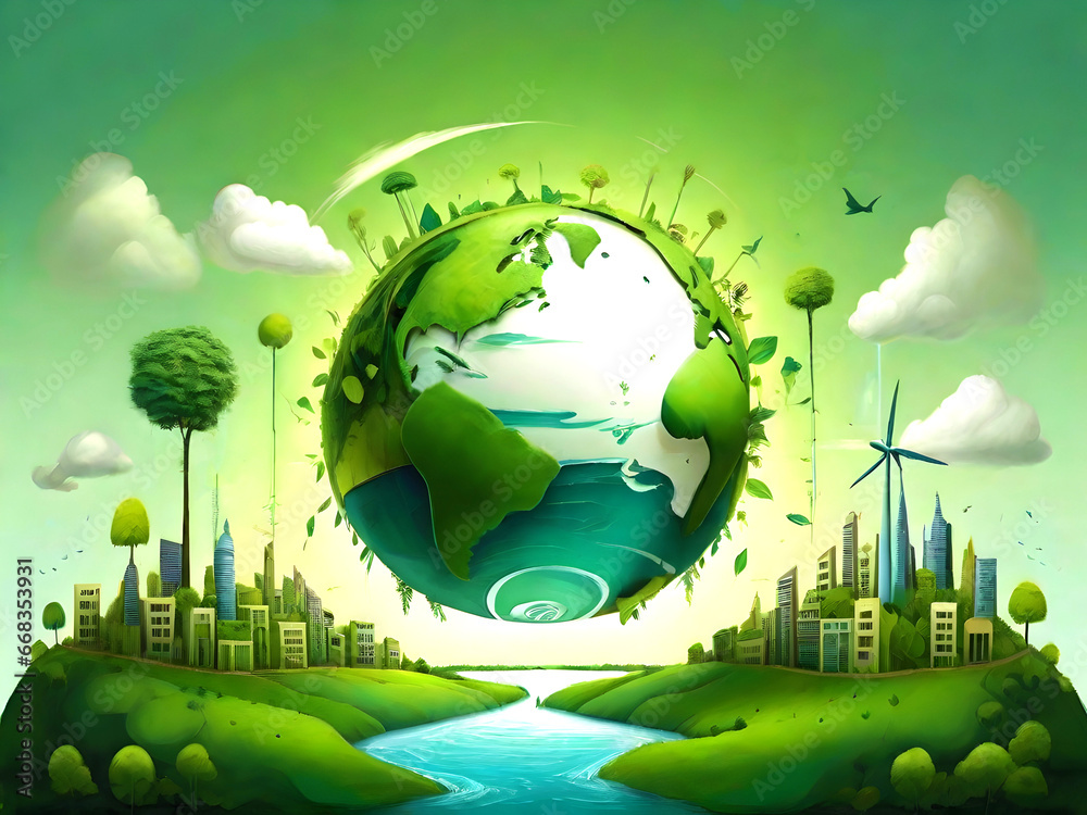 3d model of a green clean happy planet, green cities and pure ecology ...