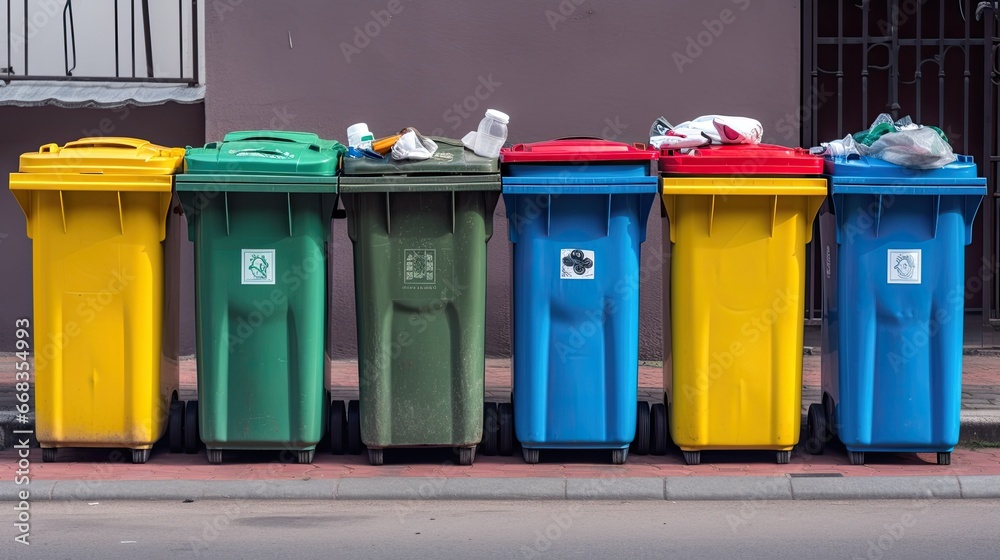 Collection of waste bins full of different types of garbage, recycling ...