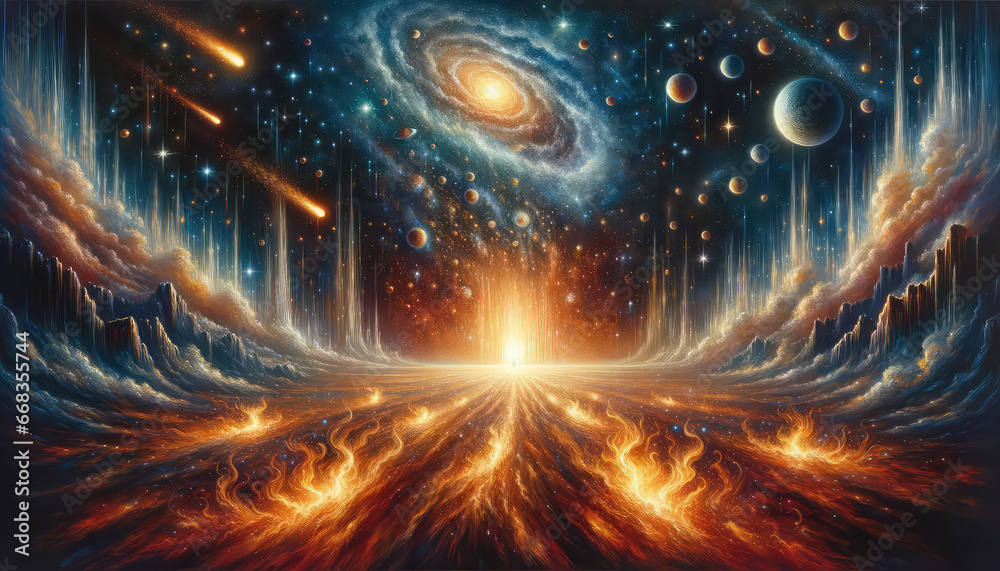 Oil painting depicting a celestial setting with myriad stars, comets ...