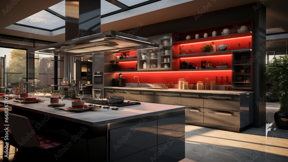 Photograph of a sleek modular chimney right in the kitchen with gas ...