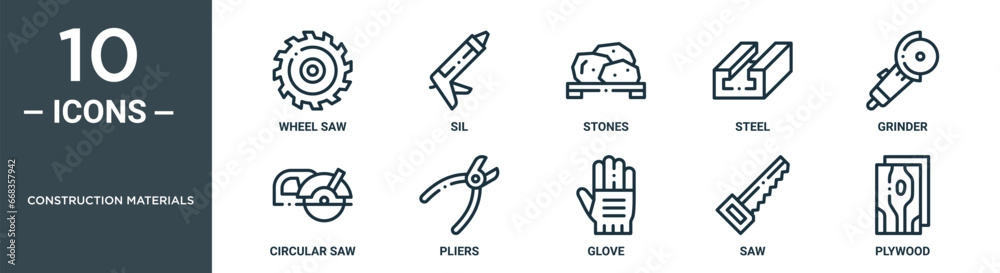 construction materials outline icon set includes thin line wheel saw ...