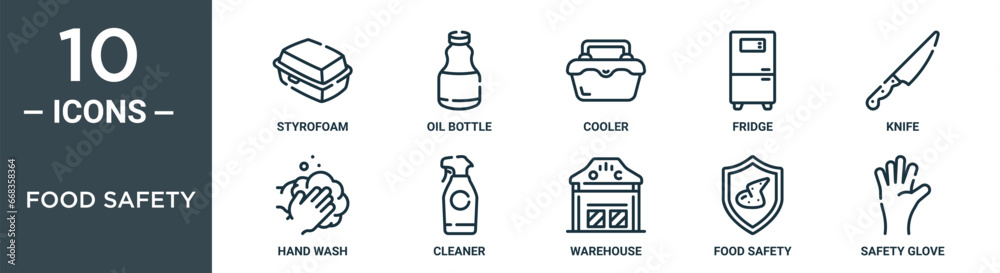 food safety outline icon set includes thin line styrofoam, oil bottle ...
