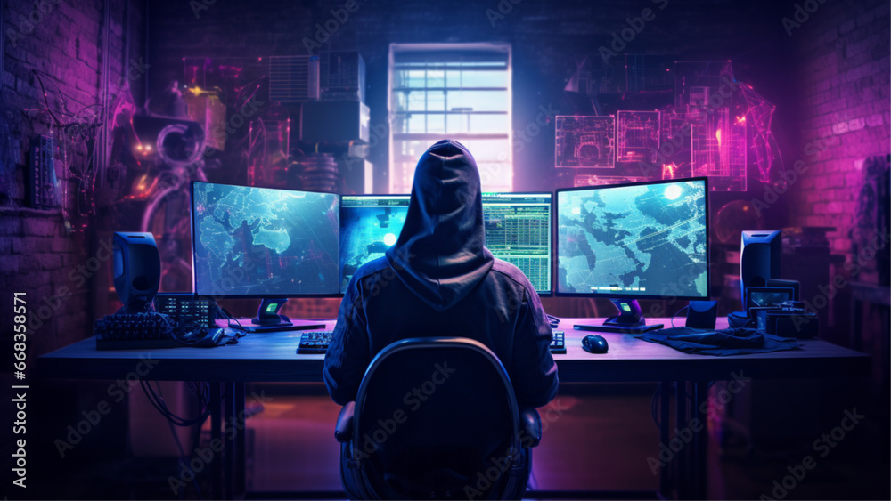 A hacker in a room with face details, sitting in-front of computers ...