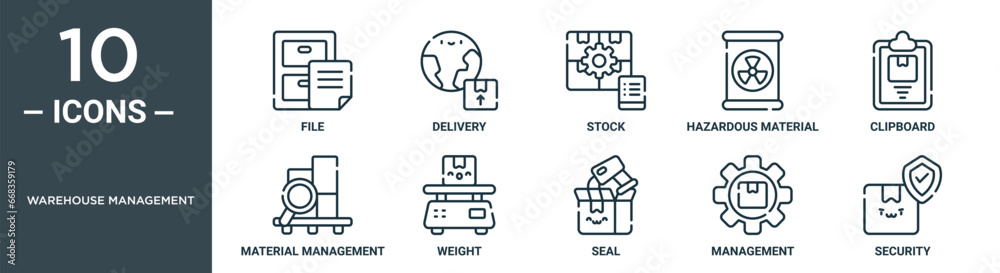 warehouse management outline icon set includes thin line file, delivery, stock, hazardous ...