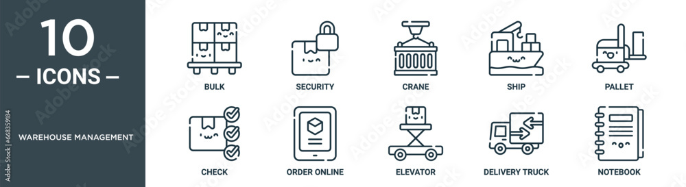 warehouse management outline icon set includes thin line bulk, security ...