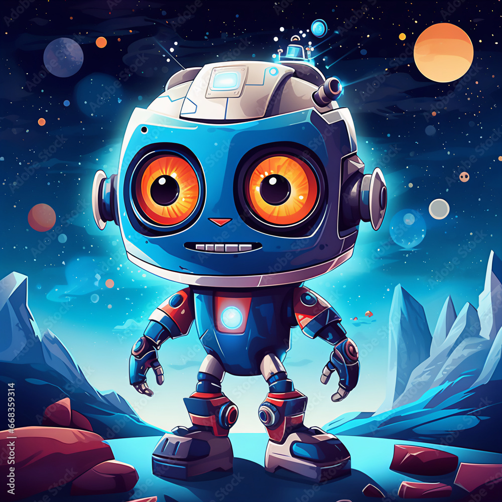Vibrant Cosmic Robot Cartoon Character with Bold Lines and Smooth ...