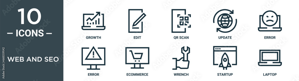 web and seo outline icon set includes thin line growth, edit, qr scan ...