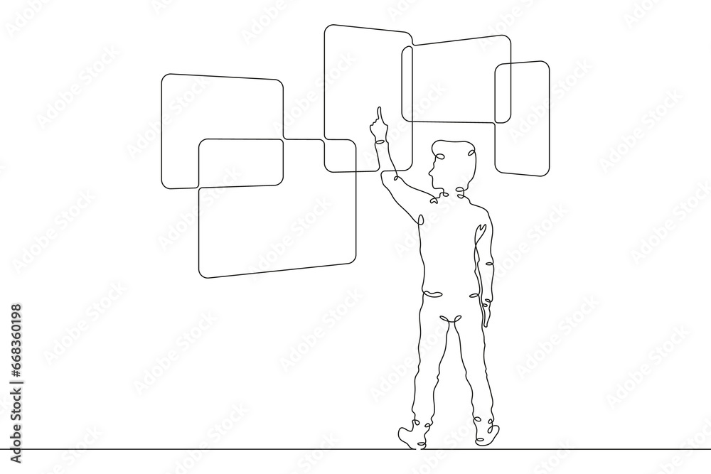 A child with large screens. Interactive monitors. The child touches the ...