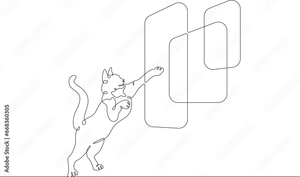 Cat in front of big screens. Interactive monitors. The cat touches the ...