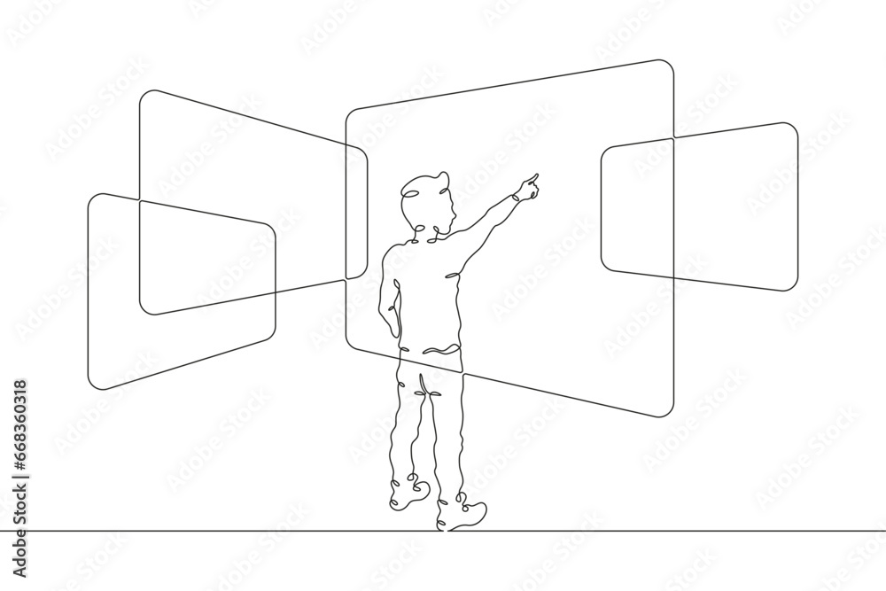 A child with large screens. Interactive monitors. The child touches the ...