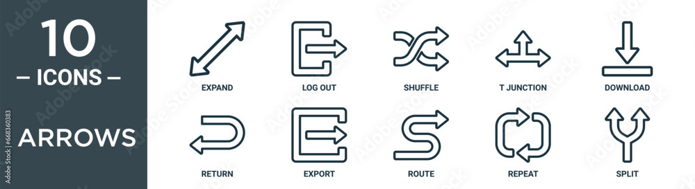 arrows outline icon set includes thin line expand, log out, shuffle, t ...
