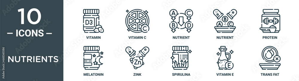 nutrients outline icon set includes thin line vitamin, vitamin c ...