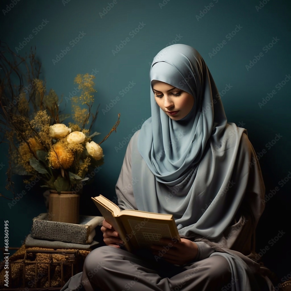 Beautiful muslim girl, wearing in hijab, reading Quran on green ...