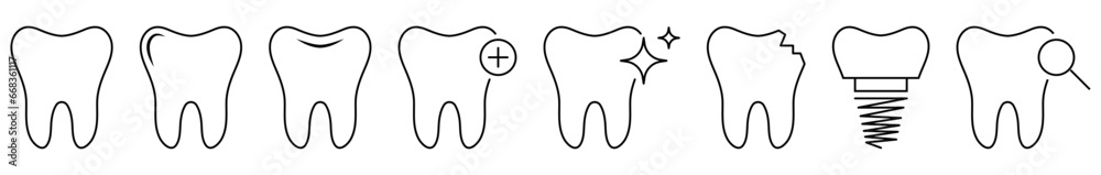 Tooth line icon set. Dentistry outline symbols. Vector illustration ...