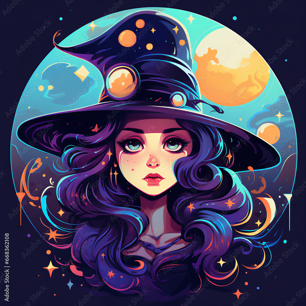 Vividly Colored Cosmic Witch: Bold Line Art and Smooth Shading Cartoon ...