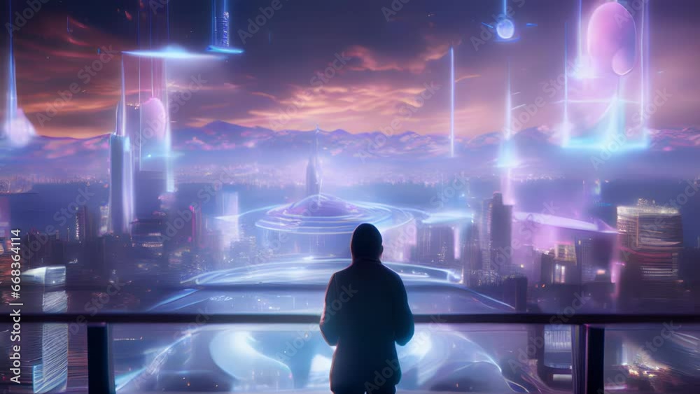 Scifi scene of a vast, futuristic cityscape, towering holographic ...