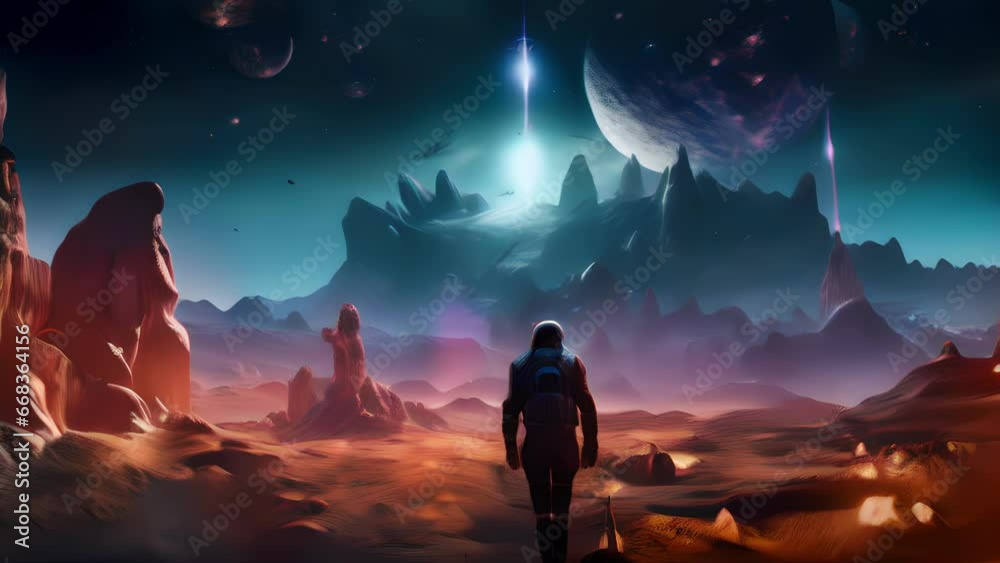 Scifi scene of a space guide leading an expedition into a newly ...