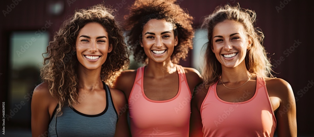 Three young female athletes of different backgrounds celebrate their ...