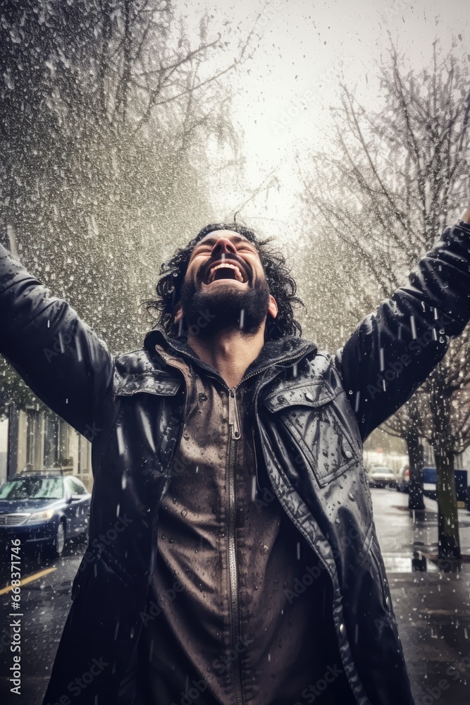 handsome black wavy haired man with a black beard and leather jacket in ...