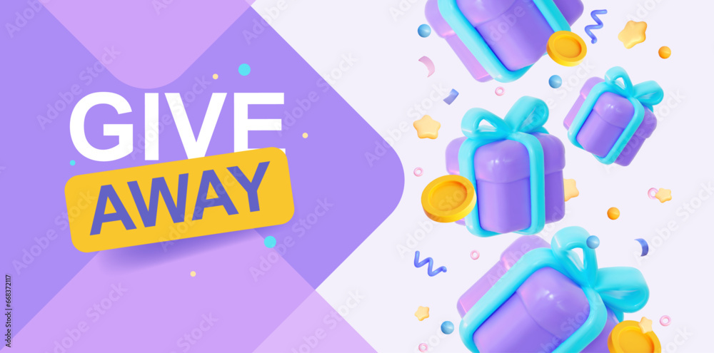 Purple flying gifts with confetti. GIVEAWAY banner template. Vector ...