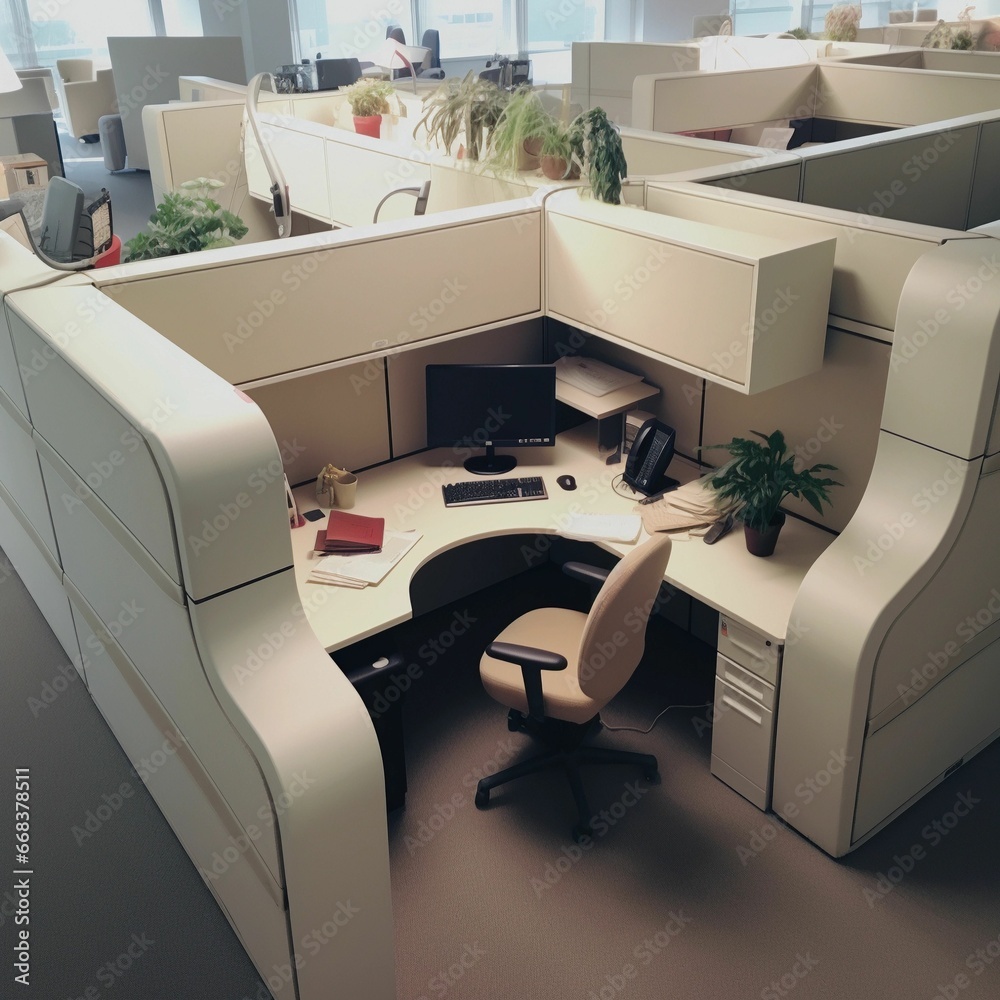 AI-generated illustration of an open office cubicle workspace filled ...