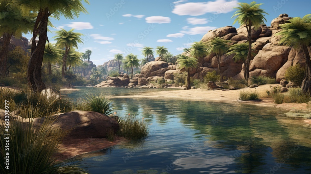 a hidden desert oasis with a pristine, palm-fringed lake, where the ...