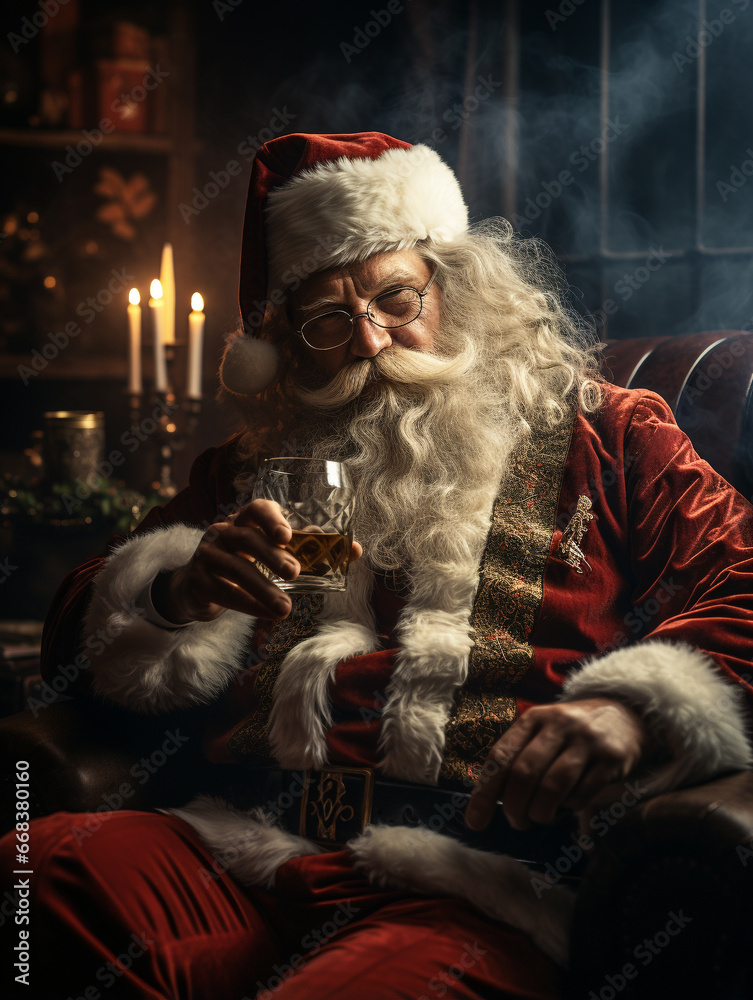 Santa Claus with a glass of whiskey. Cheerful and funny grandfather ...