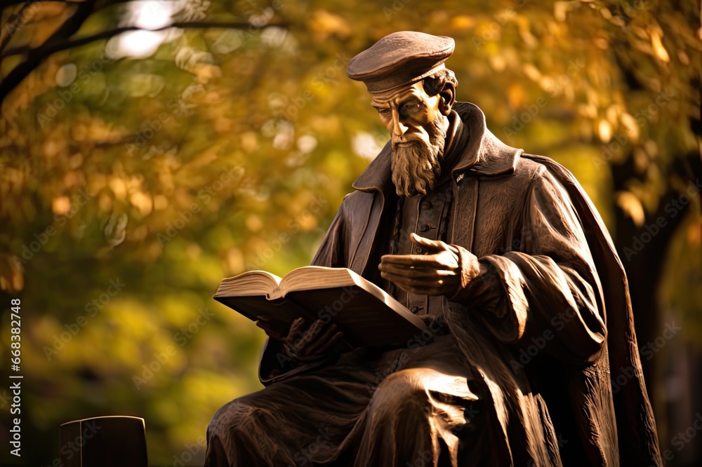 John Calvin statue in a French park Stock Photo | Adobe Stock