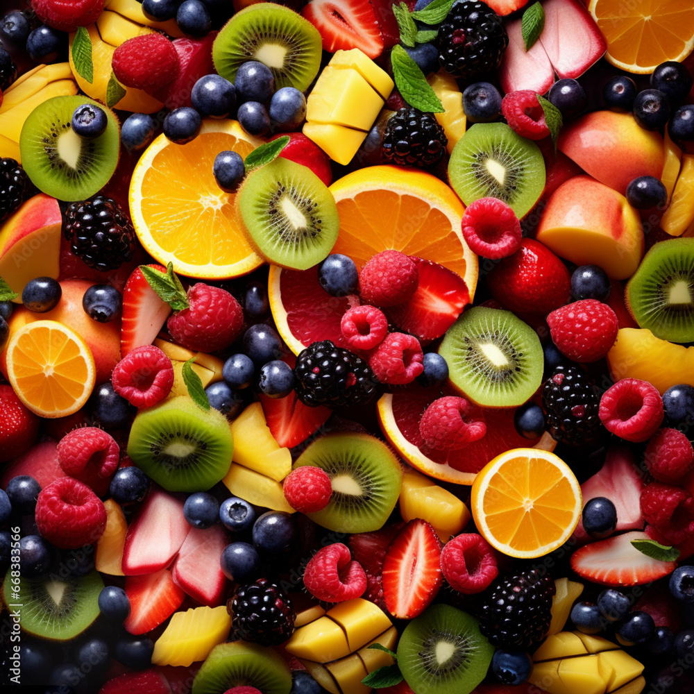 Fondo con detalle y textura de multitud de trozos de diferentes frutas ...