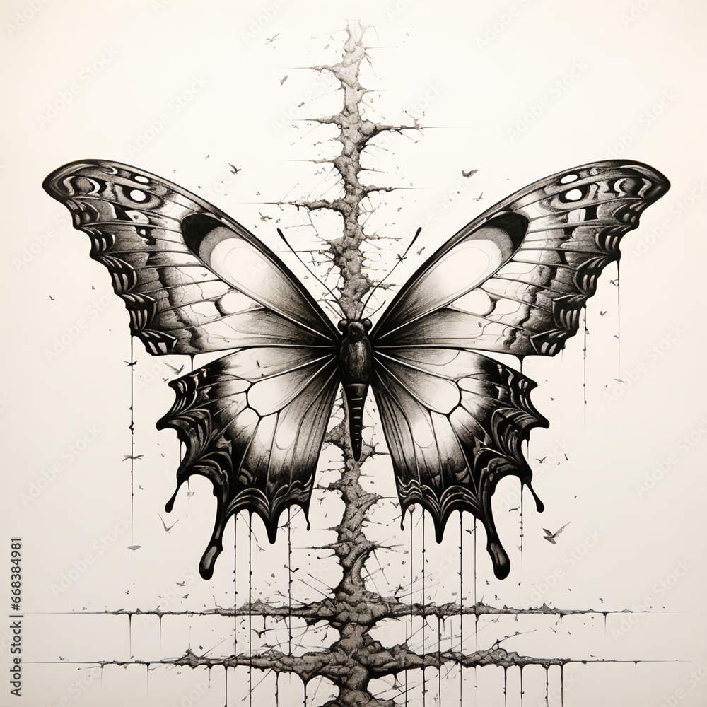 Artistic Butterfly Despair: Black and White Pen and Ink Drawing with ...