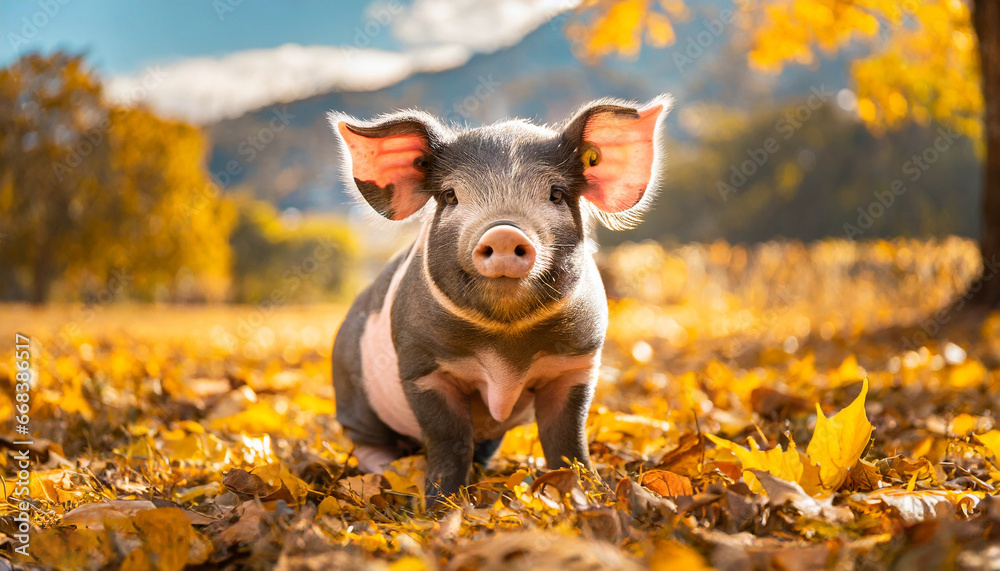 Cerdito lindo sentado al atardecer con hojas otoñales con fondo ...